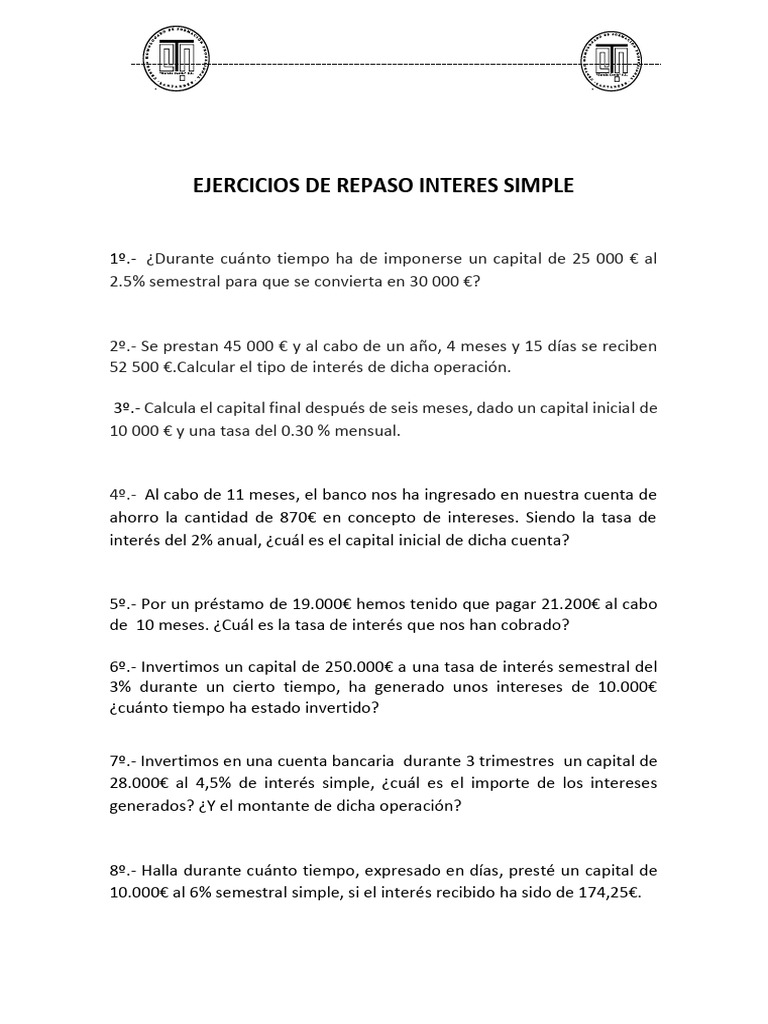 Ejercicios de Repaso Interes Simple | PDF