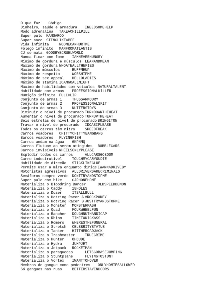 Códigos de GTA San Andreas para PC | PDF