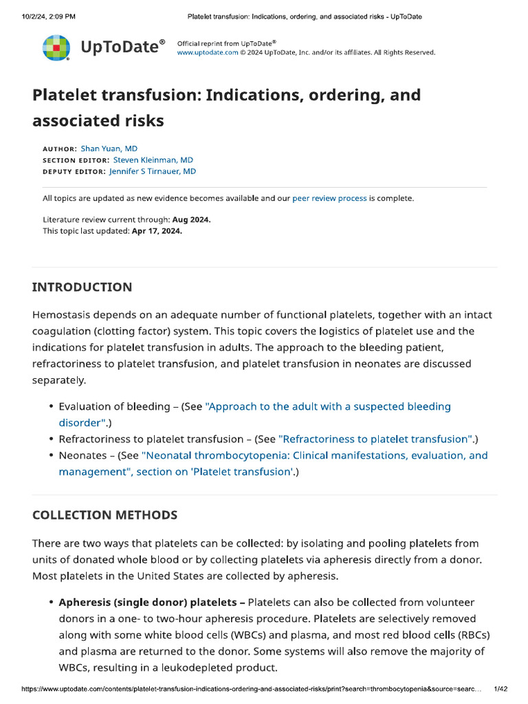 Platelet Transfusion - Indications, Ordering, and Associated Risks - UpToDate | PDF