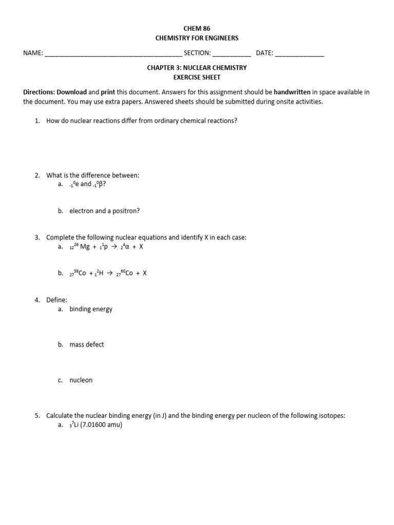 Nuclear Chemistry Exercise Sheet | PDF
