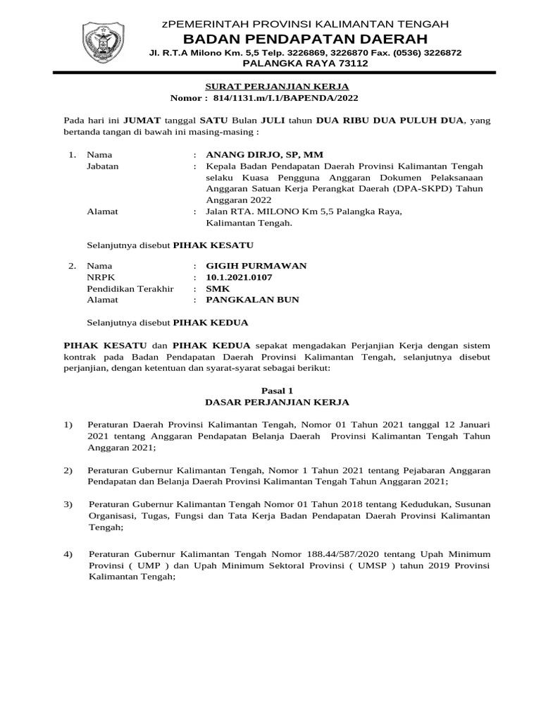 Perjanjian Kerja Sopir Samsat 2022 | PDF