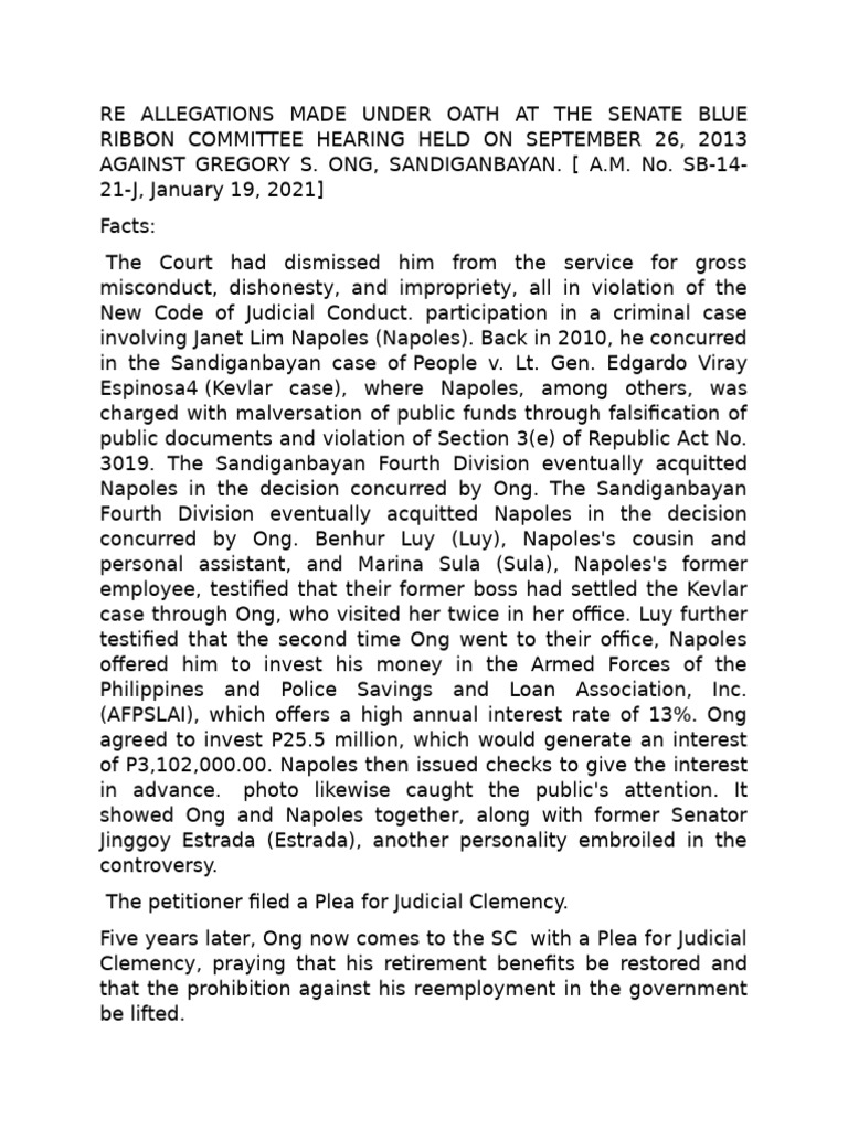 Re Allegations Made Under Oath at The Senate Blue Ribbon Committee ...