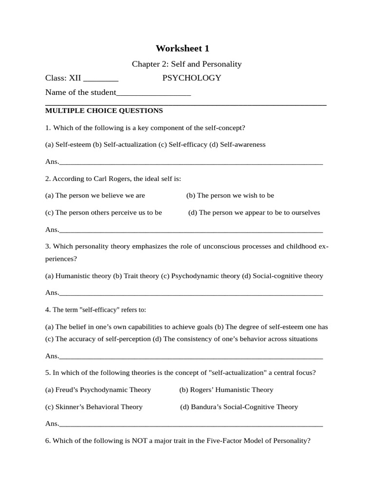 Psychology Worksheet: Self and Personality | PDF | Psychological ...