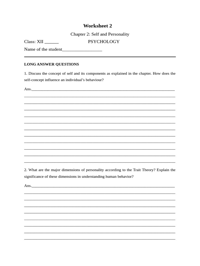 PSY XII Chap.2 Worksheet 2 | PDF | Self Concept | Identity (Social Science)