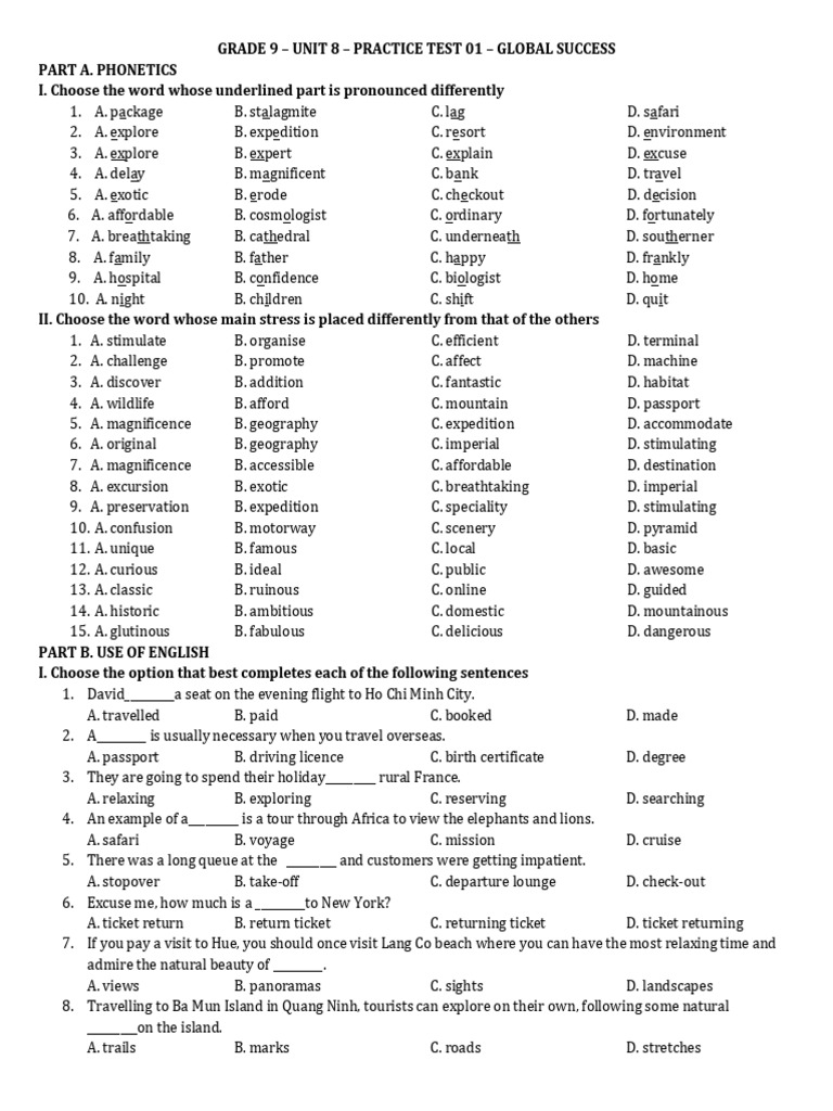 Grade 9 - Unit 8 - Global Success - Practice Test 1 | PDF | Tourism