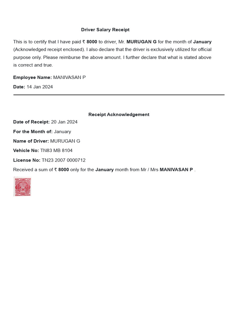 Jan Driver Receipt | PDF