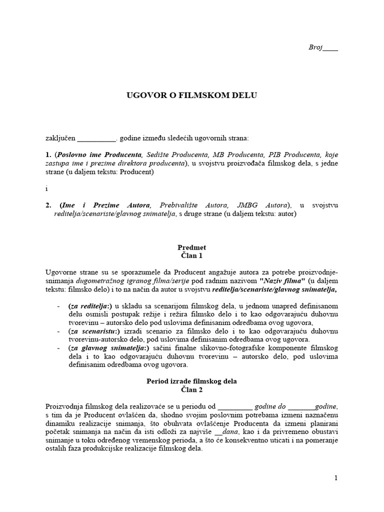 Ugovor o Filmskom Delu Model Ugovora | PDF