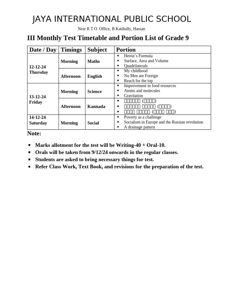Grade 9-7 Monthly Test Schedule | PDF