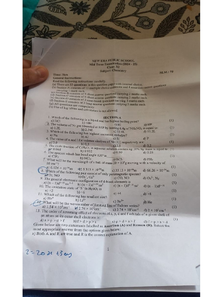 Chemistry Mid Term Paper New Era Public School | PDF