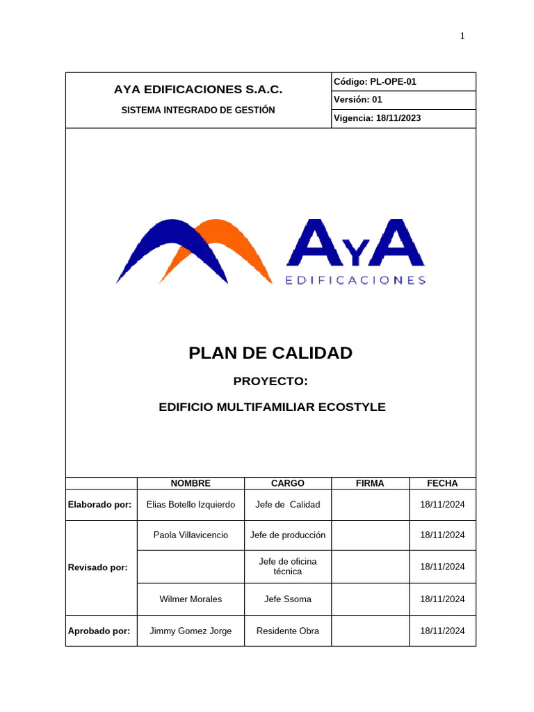 Pl-Ope-01 Plan de Calidad - Ecostyle | PDF | Calidad (comercial) | Sistema de manejo de calidad