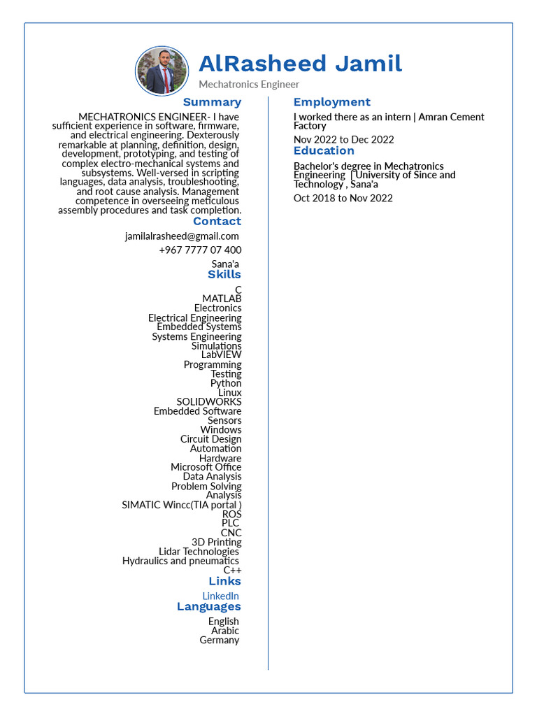 Alrasheed Jamil Resume | PDF | Mechatronics | Computer Engineering