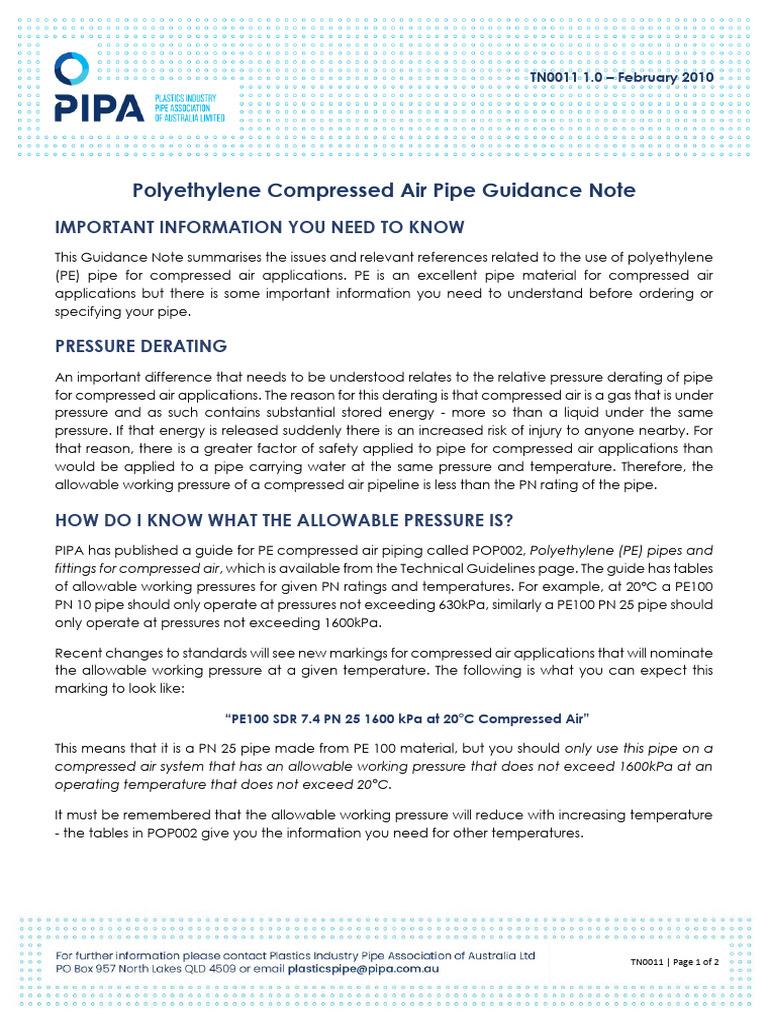 TN011 - Polyethylene Compressed Air Pipe Guidance Note February 2010 | PDF | Pipe (Fluid ...