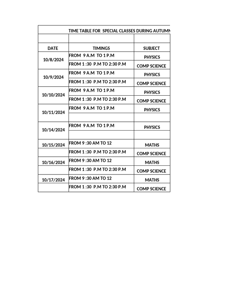 Autumn Break Special Classes Schedule | PDF