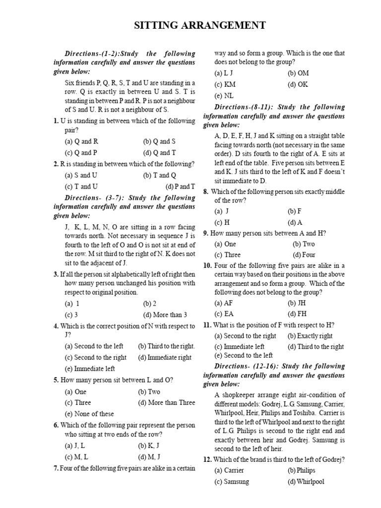 Sitting Arrangement Test (50 Questions & Answer) | PDF