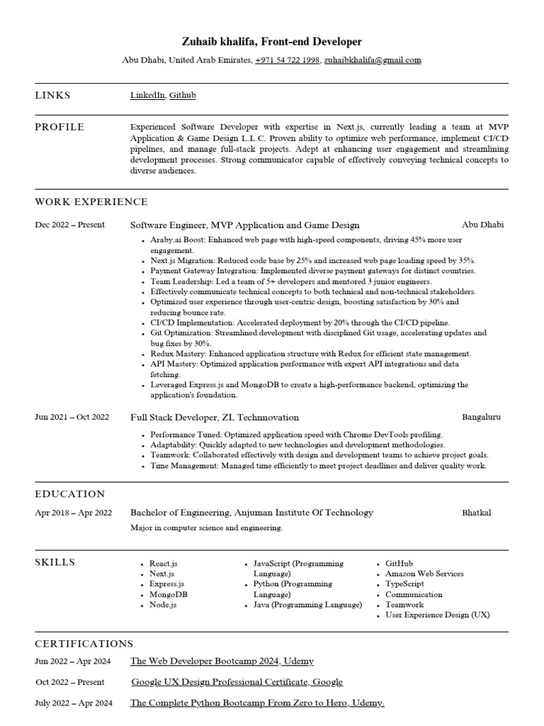 Zuhaib Khalifa, Front-End Developer | PDF | Computer Engineering | Systems Architecture