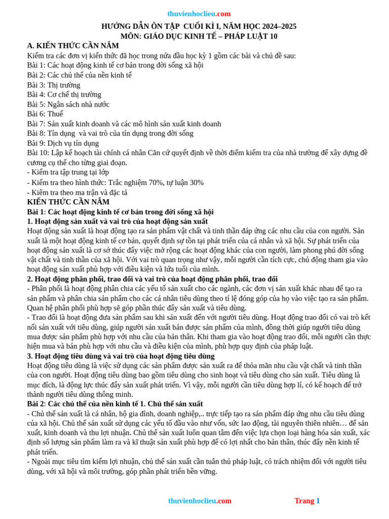 Huong Dan On Tap Cuoi HK1 GD KTPL 10 KNTT 24 25 | PDF