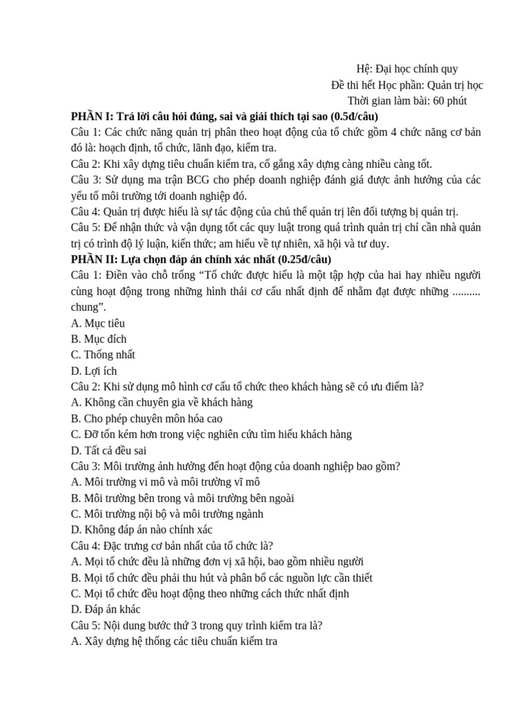 Đề thi trắc nghiệm QTH mã 13 - 16 | PDF