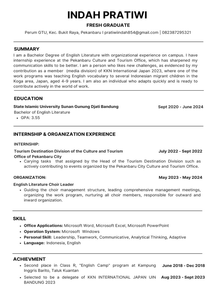 CV Indah Pratiwi - Eng | PDF