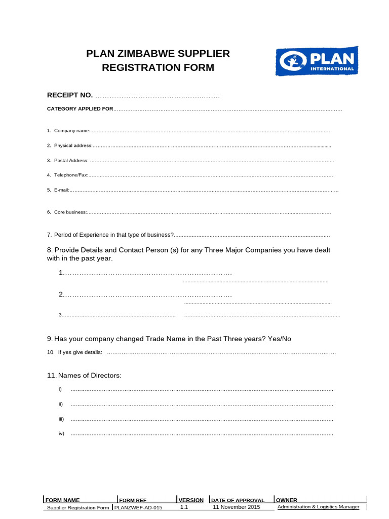 Plan Zimbabwe Supplier Registration Form | PDF | Payments | Taxes