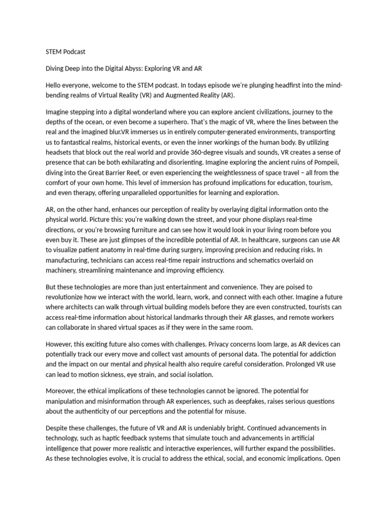 Exploring VR and AR (Transcript) | PDF | Augmented Reality | Virtual Reality