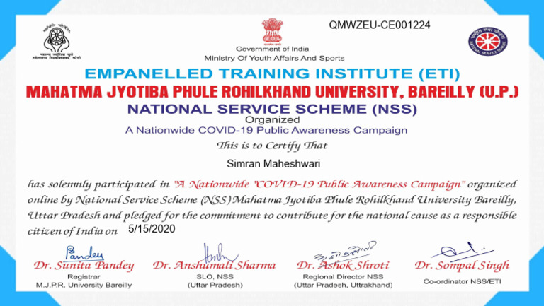 Certificate for Simran Maheshwari for "a Nationwide COVID-19 Public Awareness Campaign Organized ...