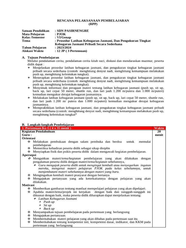 RPP. KD 3.5 Subtema - Prosedur Latihan Kebugaran Jasmani, Dan Pengukuran Tingkat Kebugaran Ja | PDF