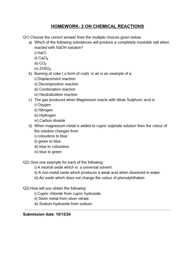 Chemical Reactions Homework Quiz | PDF