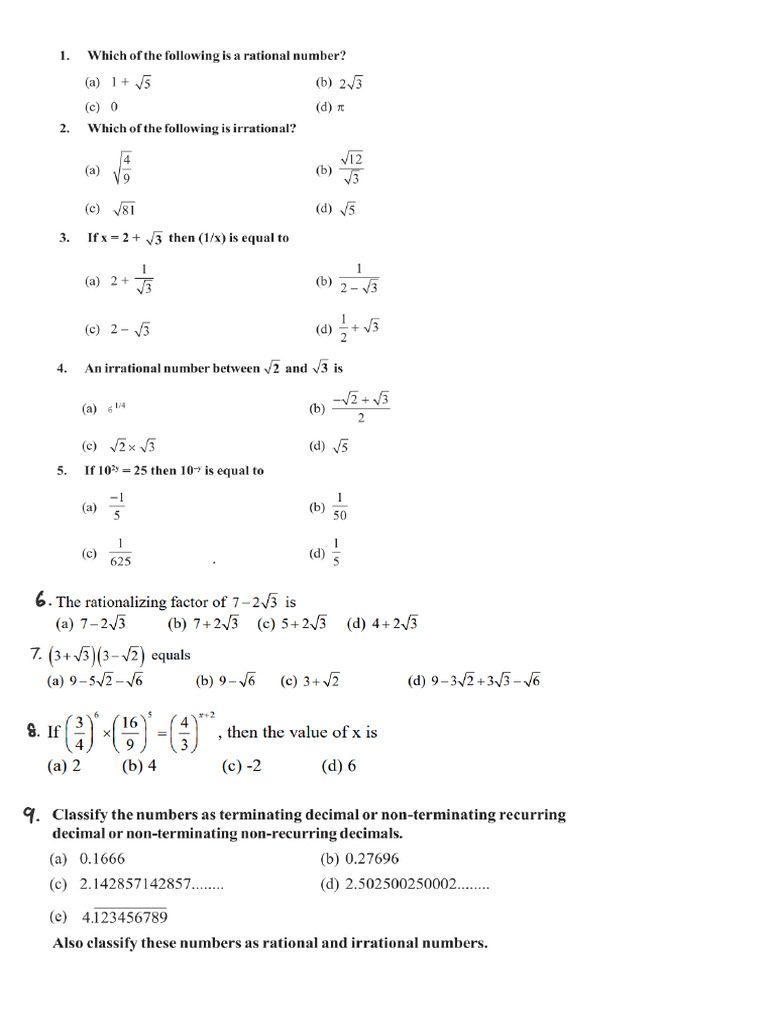 Real Numbers STD 9 Assignment | PDF