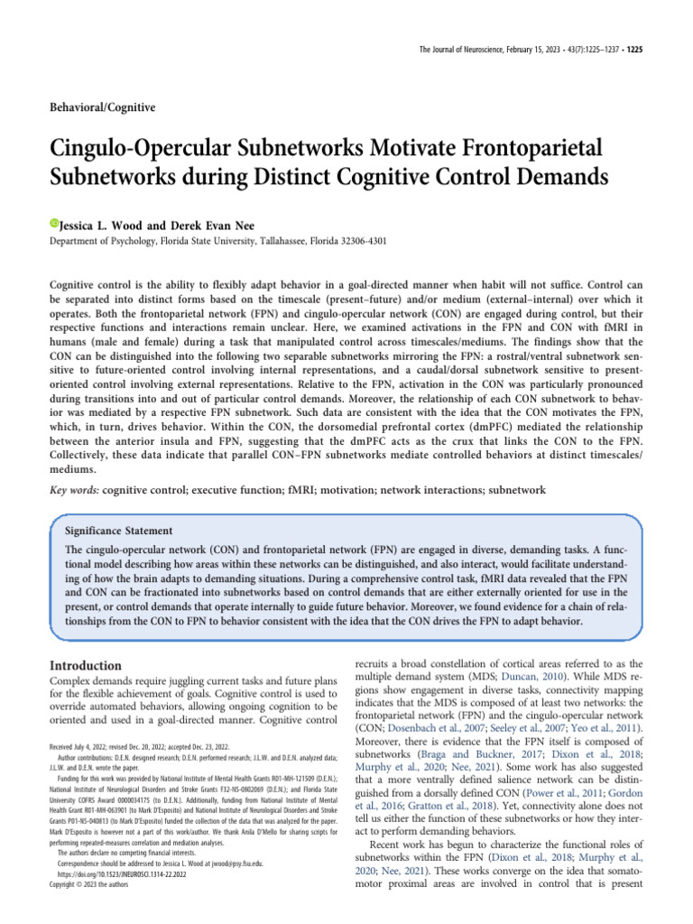 Cingulo-Opercular Subnetworks Motivate Fronto-Pari | PDF | Executive Functions | Functional ...