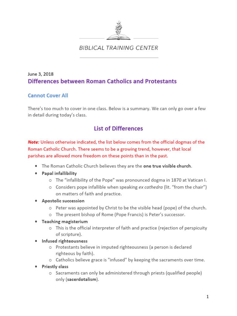 Class 4 Differences Between Roman Catholics and Protestants Handout ...