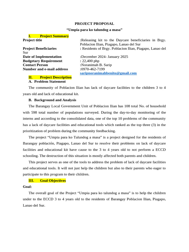 Daycare Project Proposal for Poblacion | PDF | Child Care