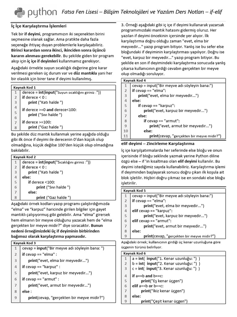 FFL - Python - Ders - Notları Koşullu - Ifadeler - If - Elif | PDF