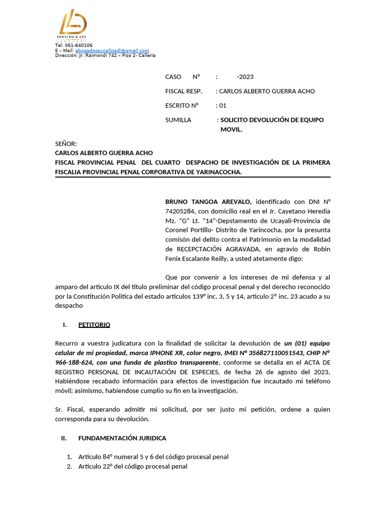 Devolución de Equipo Celular BRUNO TANGOA AREVALO | PDF | Gobierno | Justicia