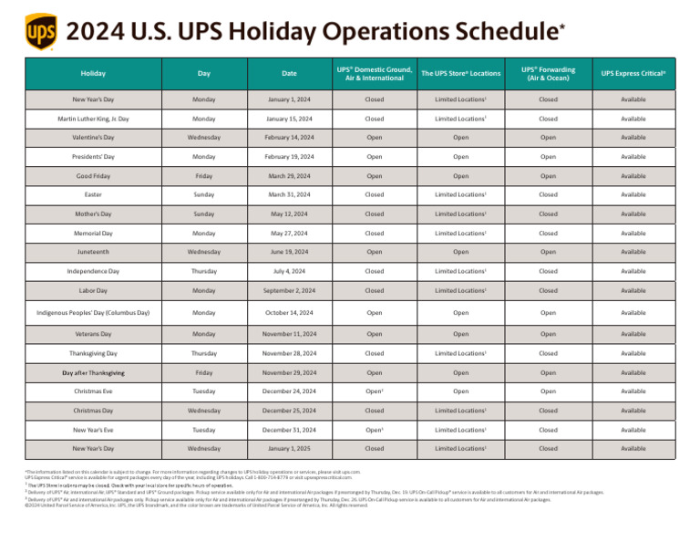 2024 Holiday Operations Schedule | PDF | United Parcel Service | Holidays