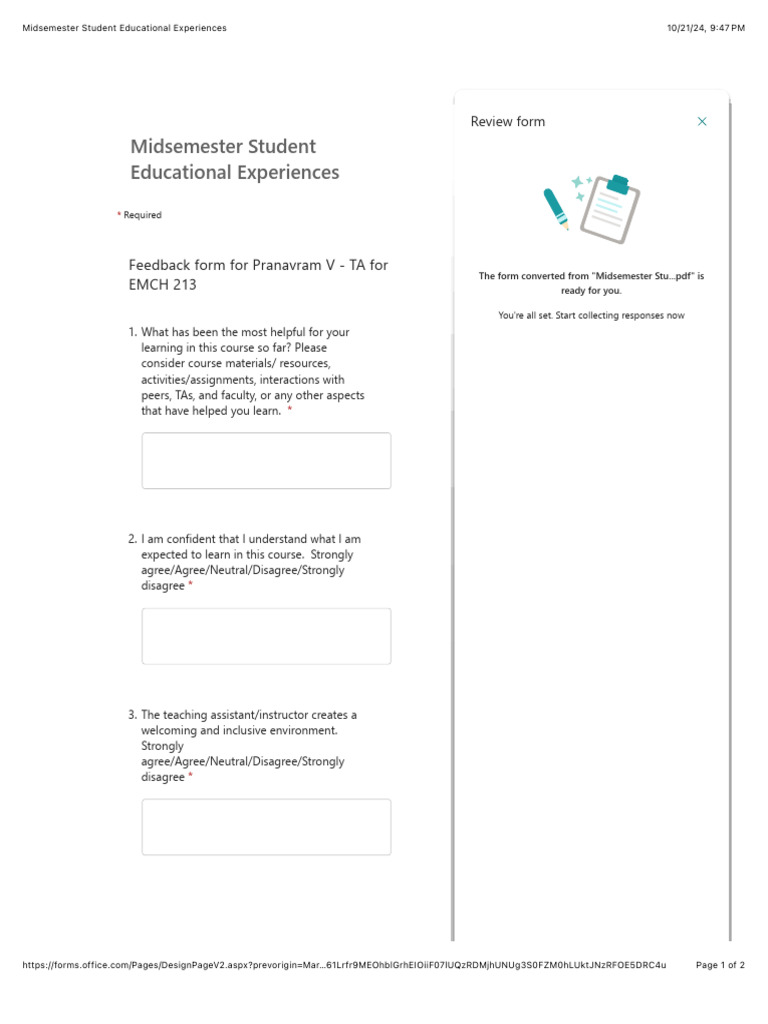 Midsemester Feedback for EMCH 213 | PDF | Learning | Behavior Modification