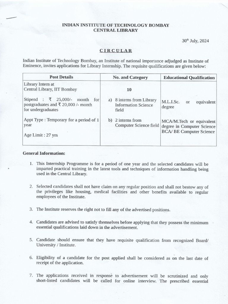 Final - Library Intern Circular 2024 | PDF | Government And Personhood