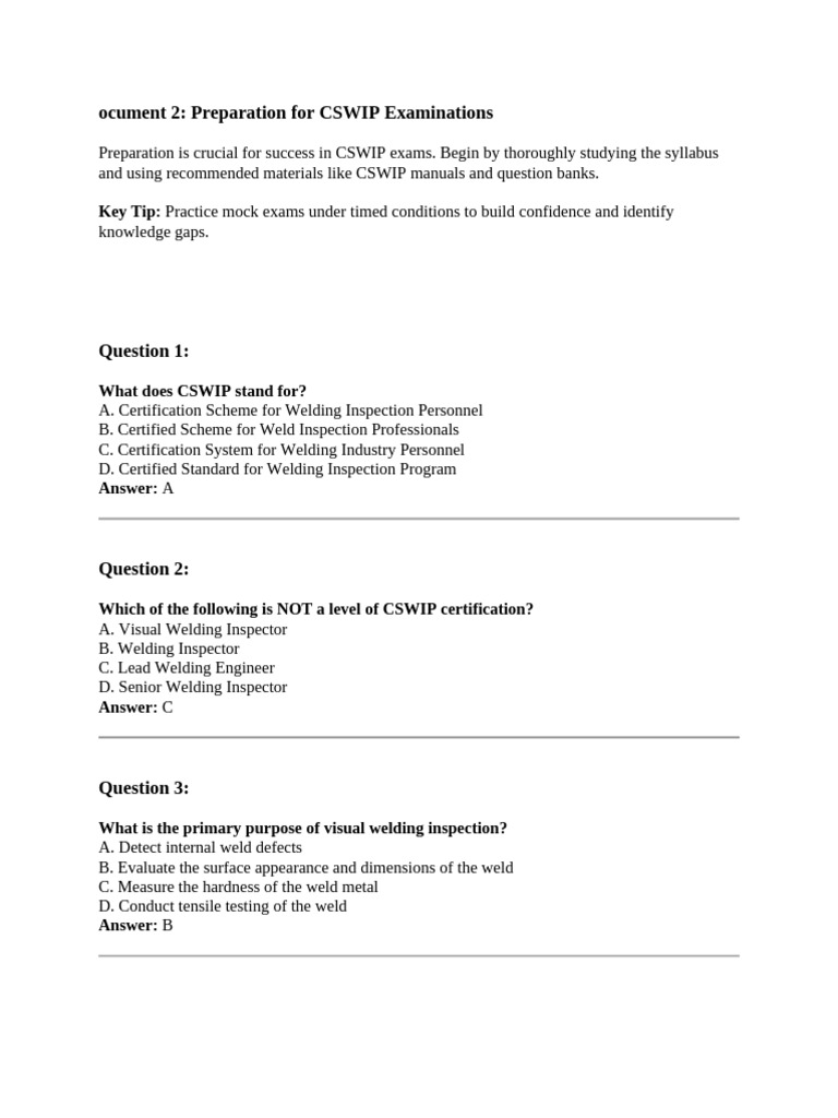 Ocument 2: Preparation For CSWIP Examinations: Key Tip | PDF
