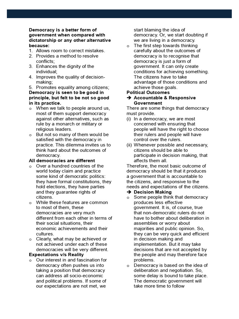 Outcomes of Democracy | PDF | Democracy | Political Ideologies