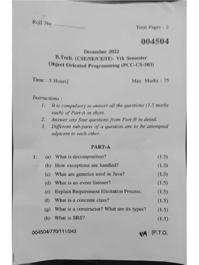 B. Tech CSE 5th Dec 2022 Exam | PDF