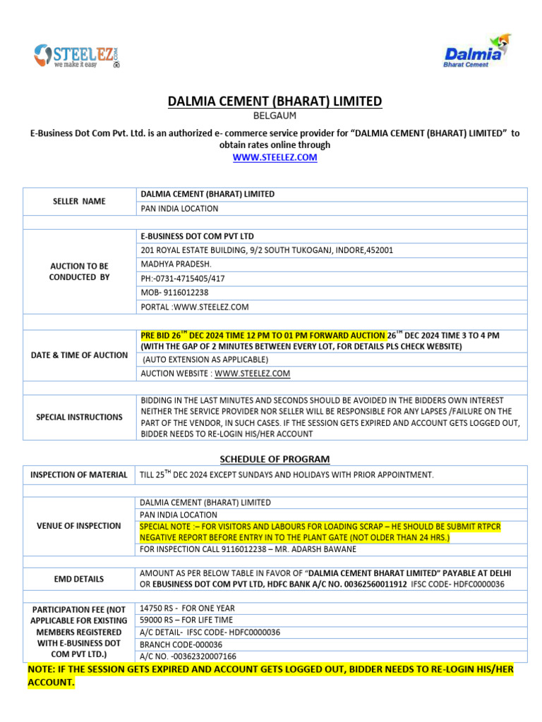 Dalmia Cement Bharat LTD Belguam 26TH Dec 24 | PDF | Auction