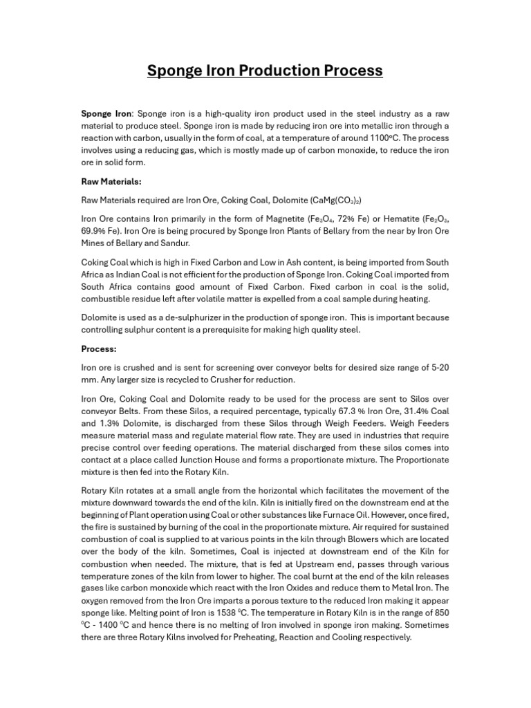 Sponge Iron Production Process Overview | PDF | Iron | Coal
