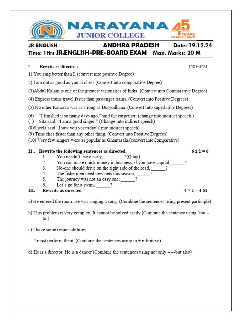 JR - English-Pre-Board Exam Test Series - Practice.ex - Dt.19.12.24ap | PDF