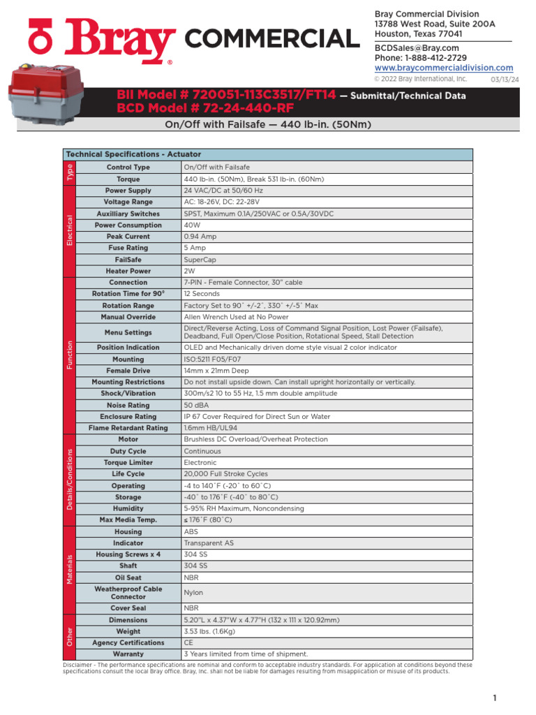 Bray Actuator Technical Specifications | PDF | Power Supply | Electronics