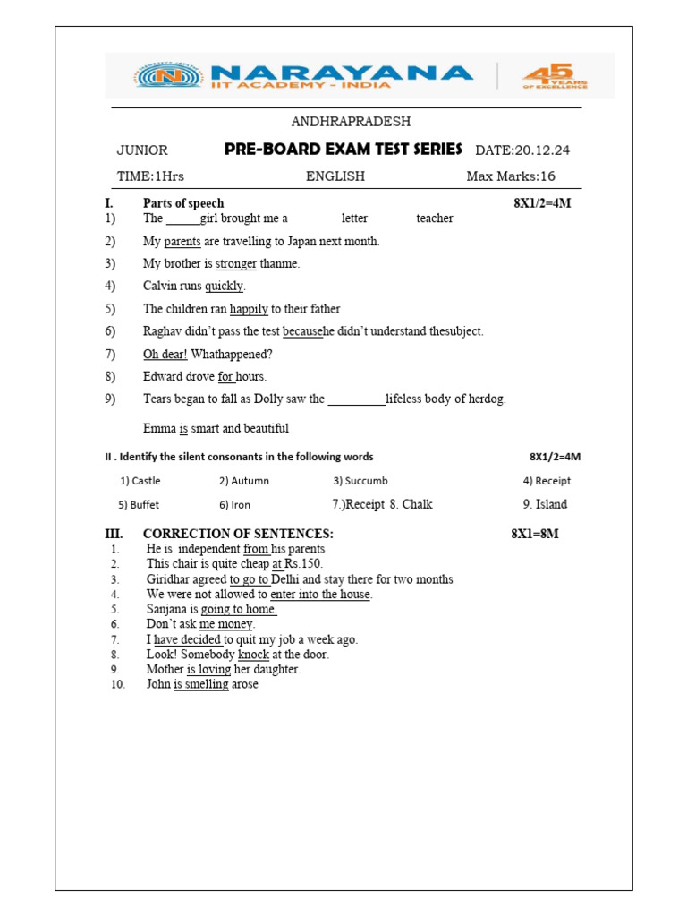 English Pre-Board Exam: Parts of Speech & Sentence Correction | PDF