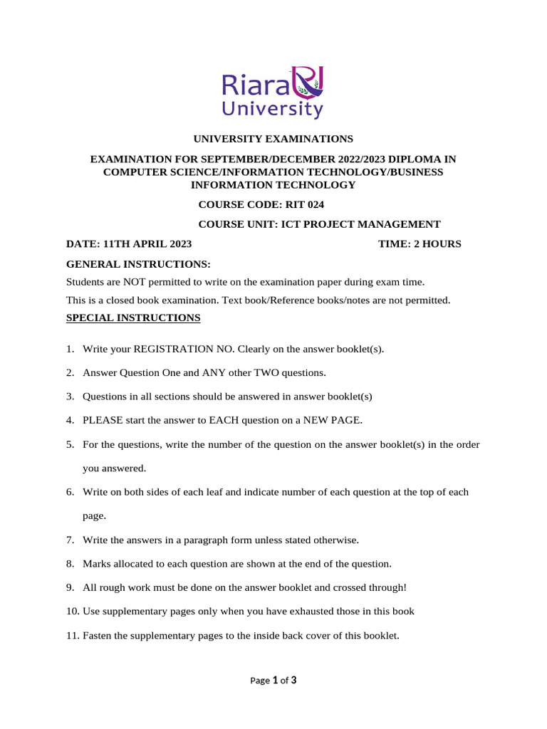 Draft Examination ICT Project Management RIT024 | PDF | Project Management | Business