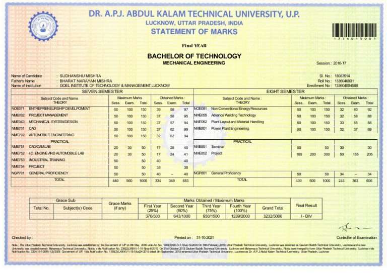 B.Tech Final Year Marksheet - Mechanical Engineering | PDF | Engineering