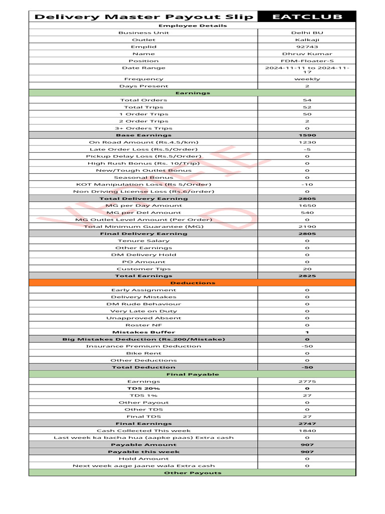 Verified: Delivery Master Payout Slip | PDF | Financial Services ...