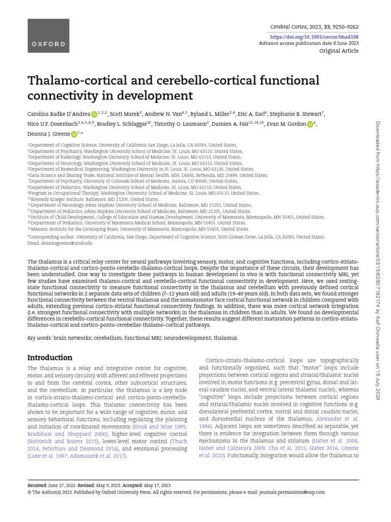 Thalamo Cerebello Cortical Developmental FC | PDF | Thalamus | Striatum