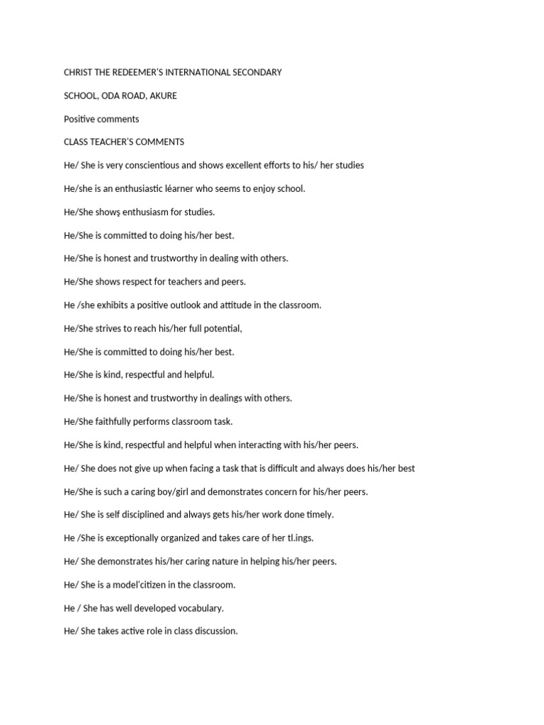 Teacher Comments on Student Performance | PDF | Teachers | Learning