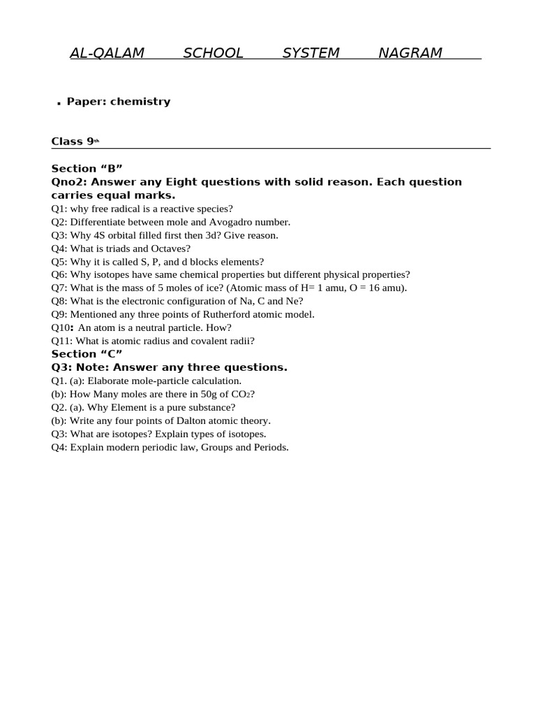 Al-Qalam School System Nagram: Paper: Chemistry | PDF